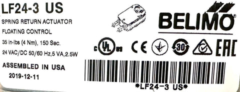 Belimo LF24-3 Spring Return Actuator Floating Control 24VAC 50VDC 60Hz