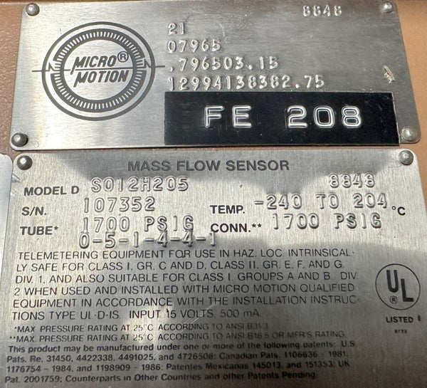 Micro Motion D12 Mass Flow Meter S012H205 8848 Tube 1700Psig Conn. 170