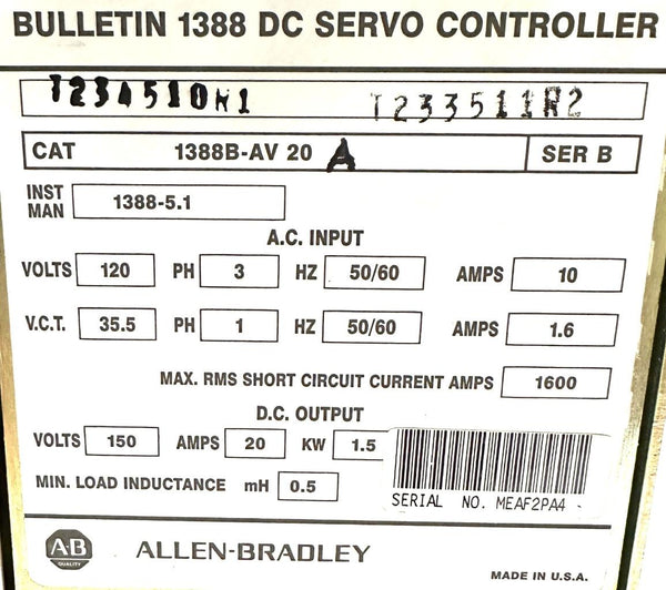 Allen-Bradley Bulletin 1388B-AV20-A DC Servo Controller 1388 Ser B 120