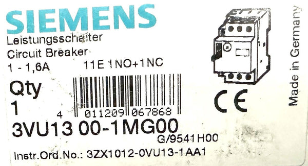 Siemens 3VU1300-1MG00 Circuit Breaker 6A VDE 0660 IEC 947-2 IEC 947-4-