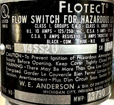 Flotect V4SS2U Flow Switch MWP 13790kPa 125-250VAC 5-10A