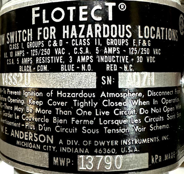 Flotect V4SS2U Flow Switch MWP 13790kPa 125-250VAC 5-10A