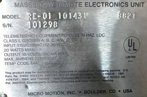 Micro Motion RE-01 101431 Mass Flow Remote Electronics Unit 115-220VAC