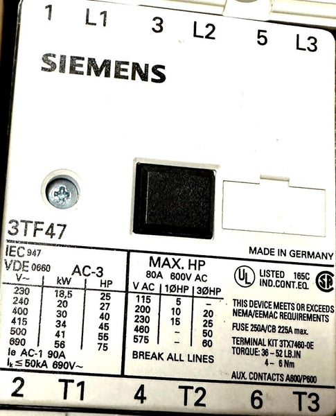 Siemens 3TF47 22-0AK6 Contactor 30kW AC-3 400V AC-3 Aux: 2NO+2NC 110-1