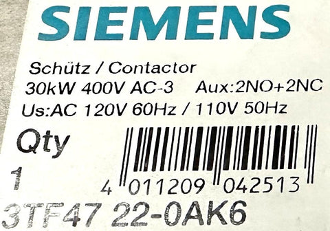 Siemens 3TF47 22-0AK6 Contactor 30kW AC-3 400V AC-3 Aux: 2NO+2NC 110-1 ...