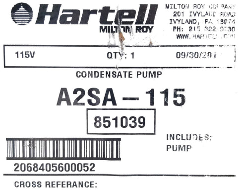 Hartell A2SA-115 Automatic Condensate Pump A2-SA 115VAC 3.5A 60Hz