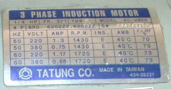 Tatung KC-VBKK 3-Phase AC Induction Motor 1/4 HP 220-380 VAC