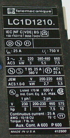 TELEMECANIQUE MOTOR STARTER RELAY 12 AMP MODEL LC1D1210 (6 AVAILABLE)