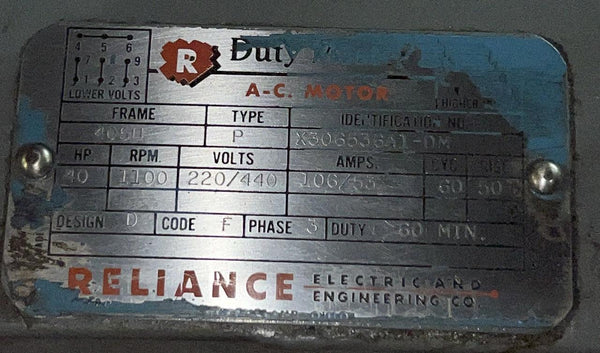 Reliance 40 HP AC Motor Duty Master 1100 RPM 60 HZ 220/440V 3 Phase X3