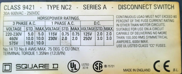 Square D Class 9421 Type NC2 Disconnect Switch 3 PH 30A 600VAC 250VDC