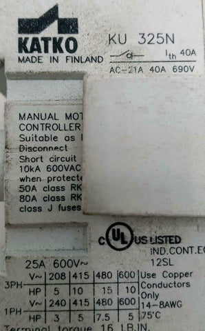 Katko KU325N Manual Motor Controller With Switch 40A 690V