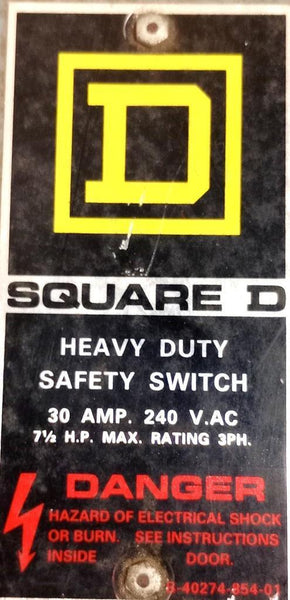 Square D H321N Heavy Duty Safety Switch 30A 240VAC 7-1/2HP Max 3 Phase