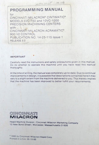 Cincinnati Milacron Cintimatic 5VC-750 & 10VC-1000 MC Programming Manu