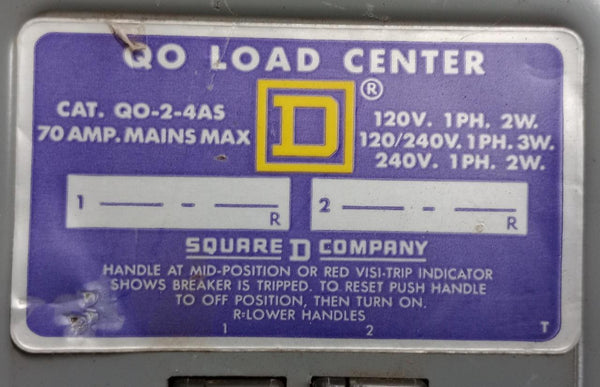 Square D QO-2-4AS Load Center 70A 120/240V With Two 20A 120VAC Circuit