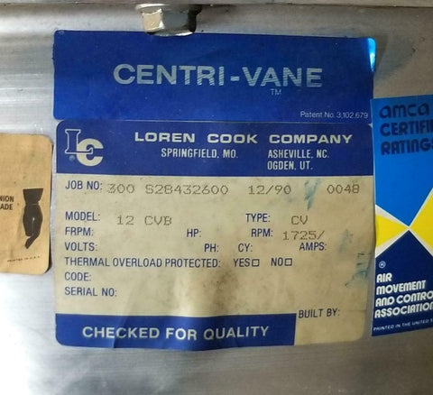 Loren Cook 12-CVB Centri-Vane Mixed Flow Fan Direct Drive Aluminum 3Ph