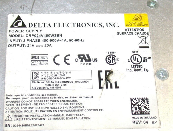 Delta DIN Rail 24V 480W 3 Phase Input: 3x 320-600VAC Power Supply ...