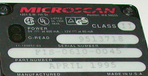 MICROSCAN LOW DENSITY BAR CODE SCANNER MODEL MS-610