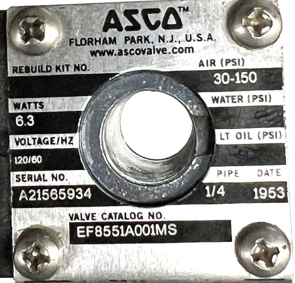 Asco EF8551A001MS Solenoid Valve Coil 30-250 PSI 6.3 Watts 120 VAC 1/4