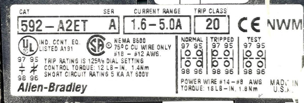 Allen-Bradley 592P-A2ET Ser. A Solid State Overload Relay 3PH 1.6-5.0A