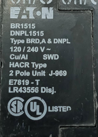 Eaton BR1515 2 Pole Twin Circuit Breaker 15A 120/240V Plug-On Mount