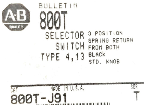 Allen Bradley 800T-J91 Selector Switch Series T NEMA Type 4, 13 3 ...