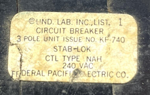 Federal Pacific NAH320 3-Pole Stab-Lok Circuit Breaker 20A 240VAC