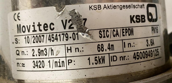 KSB Movitec V2 High Pressure Pump 1.5 kW 3420 RPM