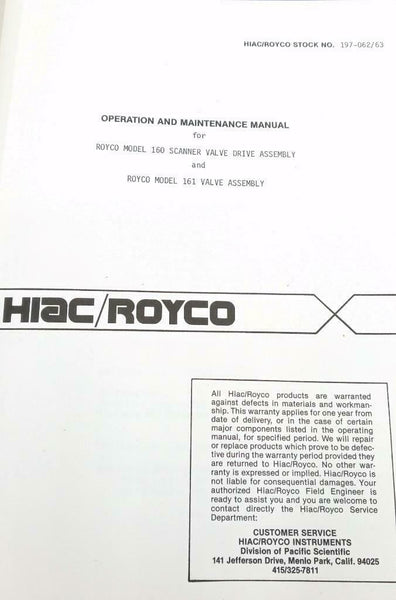 Hiac/Royco Model 160 Scanner Valve Drive Assembly Operating Manual