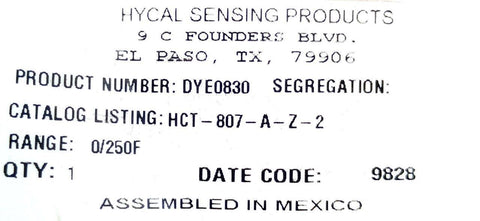 Hycal Sensing Products CT-807-A Temperature Transmitter 0-250°F Range
