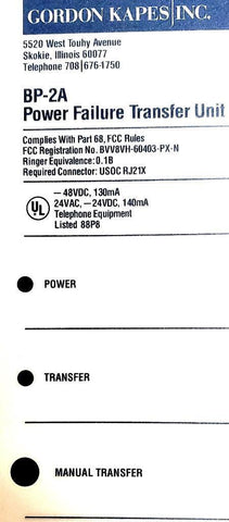 Gordon Kapes BP-2A Power Failure Transfer Unit 24-48VDC 24VAC 130mA