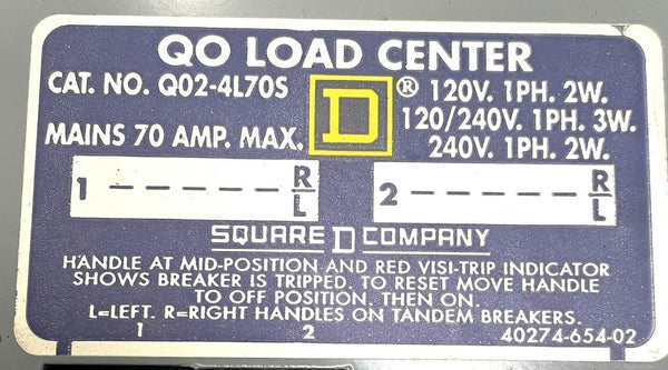 Square D QO2-4L70S Load Center Box 120/240V 1 Phase 3W 70A Max ...