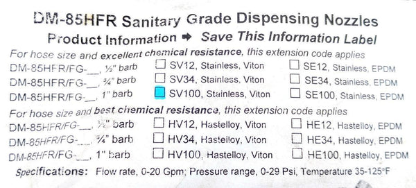 Drum-Mates DM-85HFR/FG SV100 Sanitary Grade Dispensing Nozzle 1" Barb