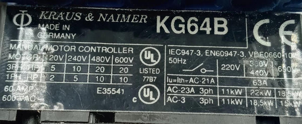 Kraus & Naimer KG64B Doisconnect Switch 60A 600VAC 6 Pole 3 Position S