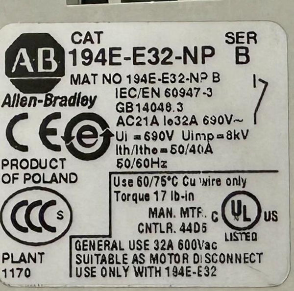 Allen Bradley 194E-E32-NP Load Switch
