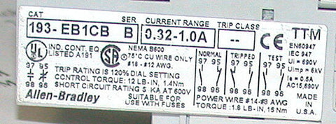 NEW ALLEN BRADLEY MOTOR OVERLOAD RELAY MODEL 193-EB1CB