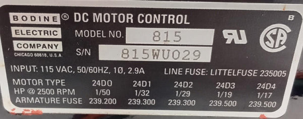 Bodine 815 Type FPM Adjustable DC Speed / Torque Motor Control 115VAC