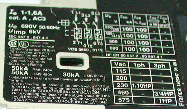 TELEMECANIQUE MOTOR OVERLOAD RELAY 1-1.6 AMP MODEL GV2-RT06