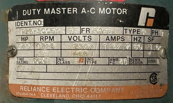 Reliance Electric P56H3005M Motor 1/3 HP 1725 RPM EA56 230/460V 3 Phase ...