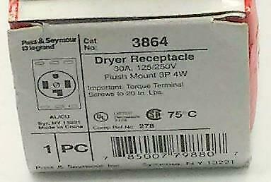 New Pass & Seymour Legris 3864 Dryer Receptacle 30 Amp 125/250 VAC 3 P ...