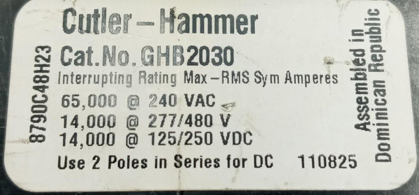 Cutler-Hammer GHB2030 2 Pole Circuit Breaker 30A 277/480VAC 1 PH Bolt ...