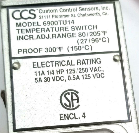 CCS 6900TU14 Temperature Switch 80-205 F 300 F Proof 125/250 VAC 30 VD