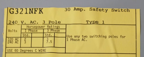 Eaton PowerMaster G321NFK 30A Type 1 Safety Switch 3 Pole 240VAC