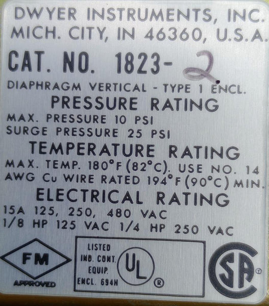 Dwyer Instruments 1823-2 Low Differential Pressure Switch 15A 125/480V