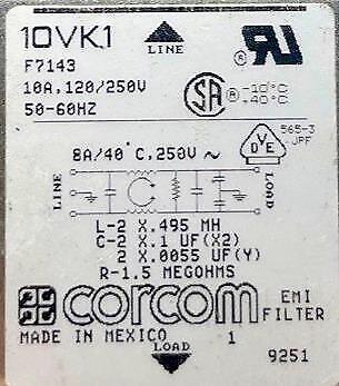 Corcom 10VK1 EMI Filter 10A 120/250V 50/60HZ -10/40°C Screw Mounted