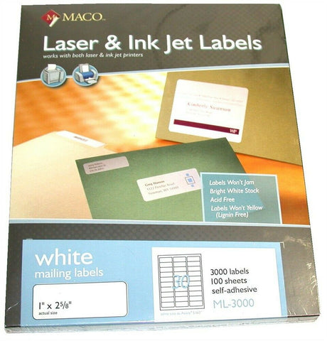 Up to 15 New Boxes Maco 1" x 2 5/8" of 3000 Laser and Ink Jet Labels M