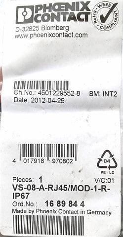 Phoenix Contact VS-08-A-RJ45 / MOD-1-R-IP67 Ethernet Connector Mountin