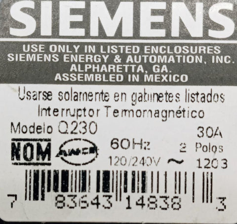 Siemens Q230 2 Pole Circuit Breaker 30A 120/240V 60HZ