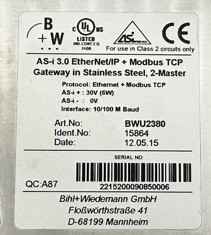 Bihl Wiedemann BWU2380 AS-i 3.0 EtherNet/IP + Modbus TCP Gateway – Surplus Select