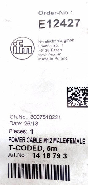 IFM E12427 5m M12 PUR Connection Power Cable Male/Female T-Coded ...