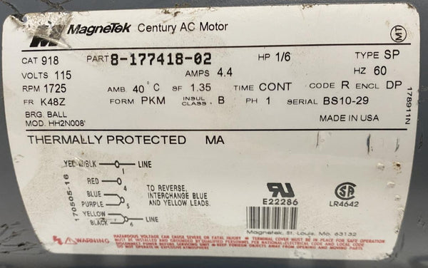 MagneTek 8-177418-02 Motor 1/6 HP 1725 RPM 115V 1 Phase